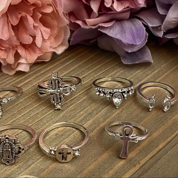 Jewelry | 14 Pcs Elegant Silver And Crystal Cross Ring Set | Poshmark